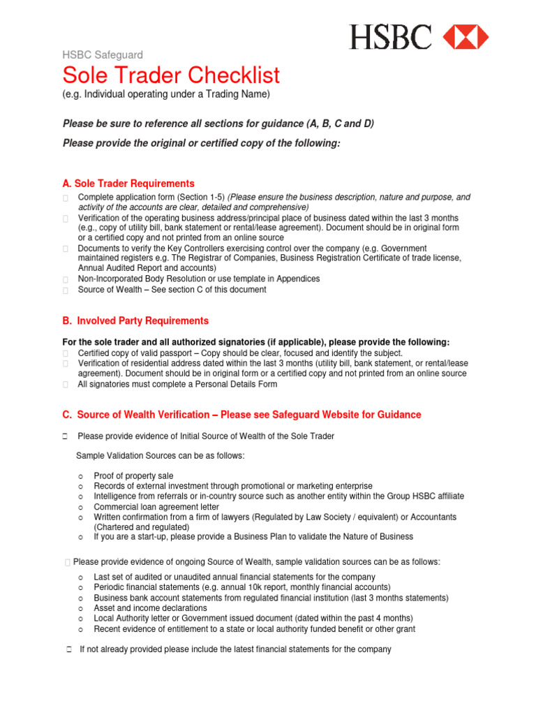 Safeguard HSBC Checklist Sole Trader Jan 17 | PDF | Sole Proprietorship ...