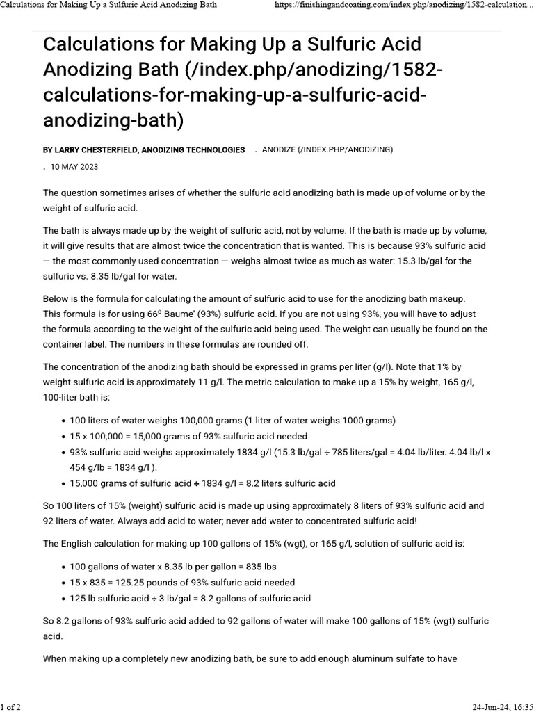 Sulfuric Acid Anodizing Bath Calculations | PDF | Acid | Sulfuric Acid