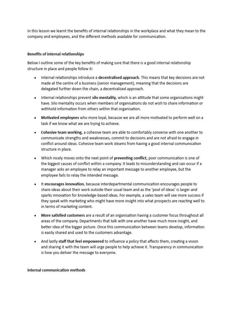 Benefits of Internal Workplace Relationships | PDF | Marketing ...