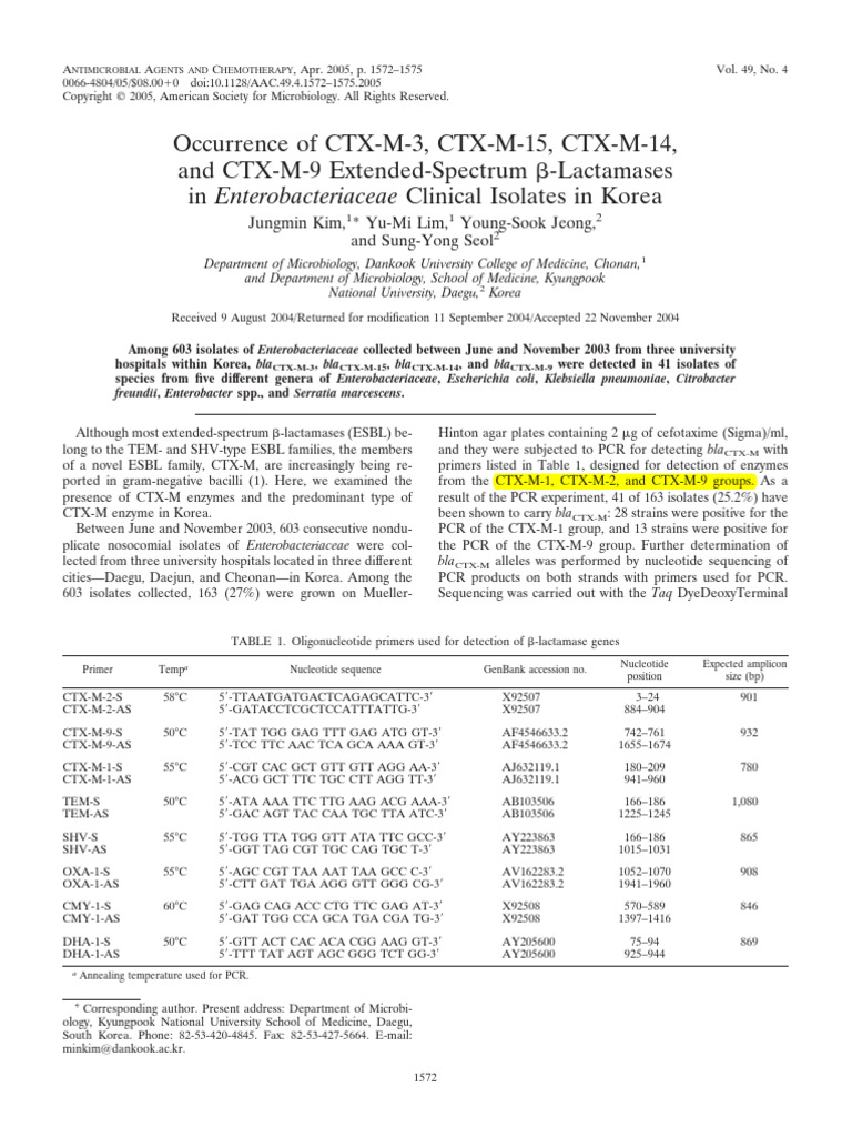 Occurrence of CTX-M-3, CTX-M-15, CTX-M-14, and CTX-M-9 Extended ...