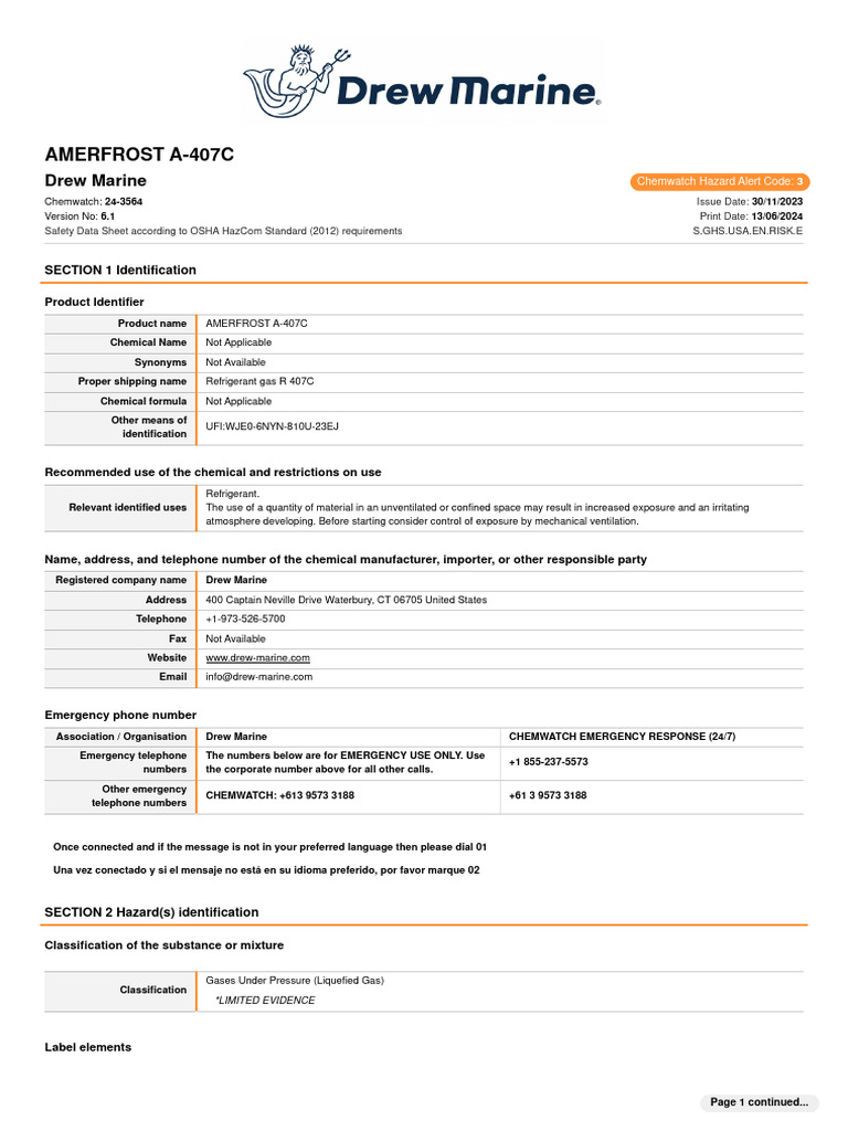 Amerfrost A-407C Safety Data Sheet | PDF | Firefighting | Carbon Dioxide