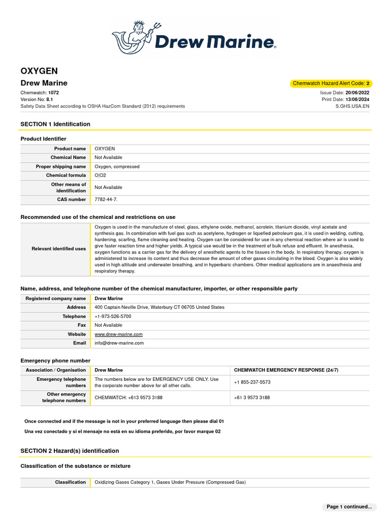 Drew Oxygen Bottle MSDS | PDF | Oxygen | Toxicity