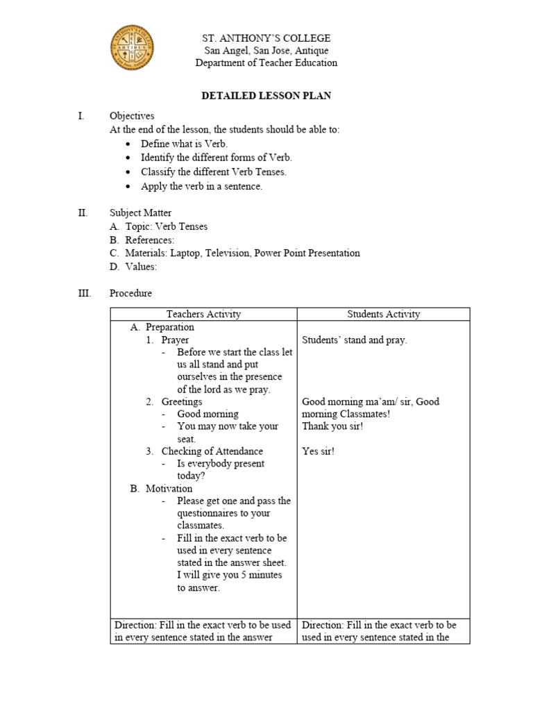 Detailed Lesson Plan | PDF | Verb | Grammatical Tense