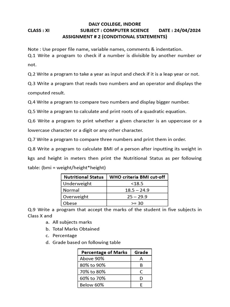 11 - CS - Python Assignment II - (Conditional Statements) - 24-Apr-24 | PDF
