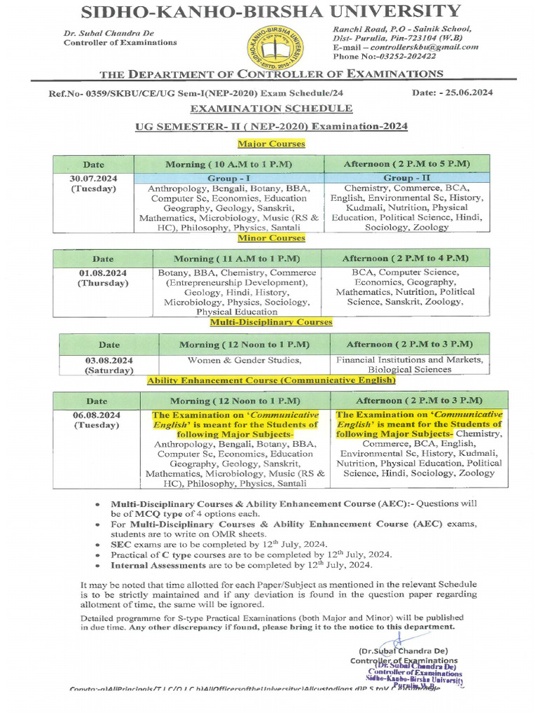 UG Sem-II (NEP) Examination Schedule-2024 | PDF