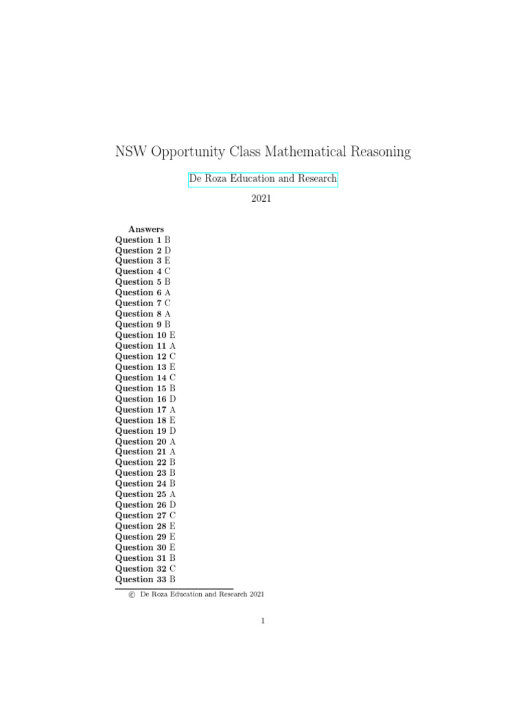 NSW Op Class Mathematical Reasoning Sample Ans | PDF
