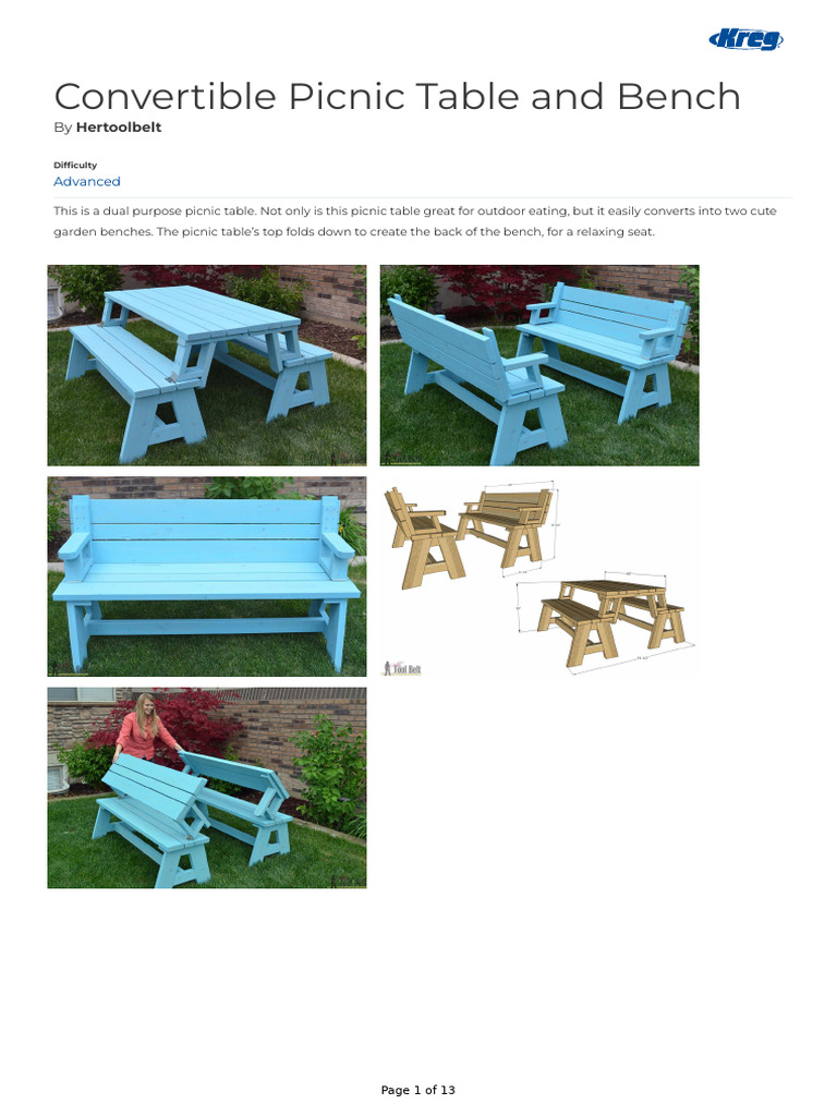 Convertible Picnic Table and Bench | PDF | Drill | Tools