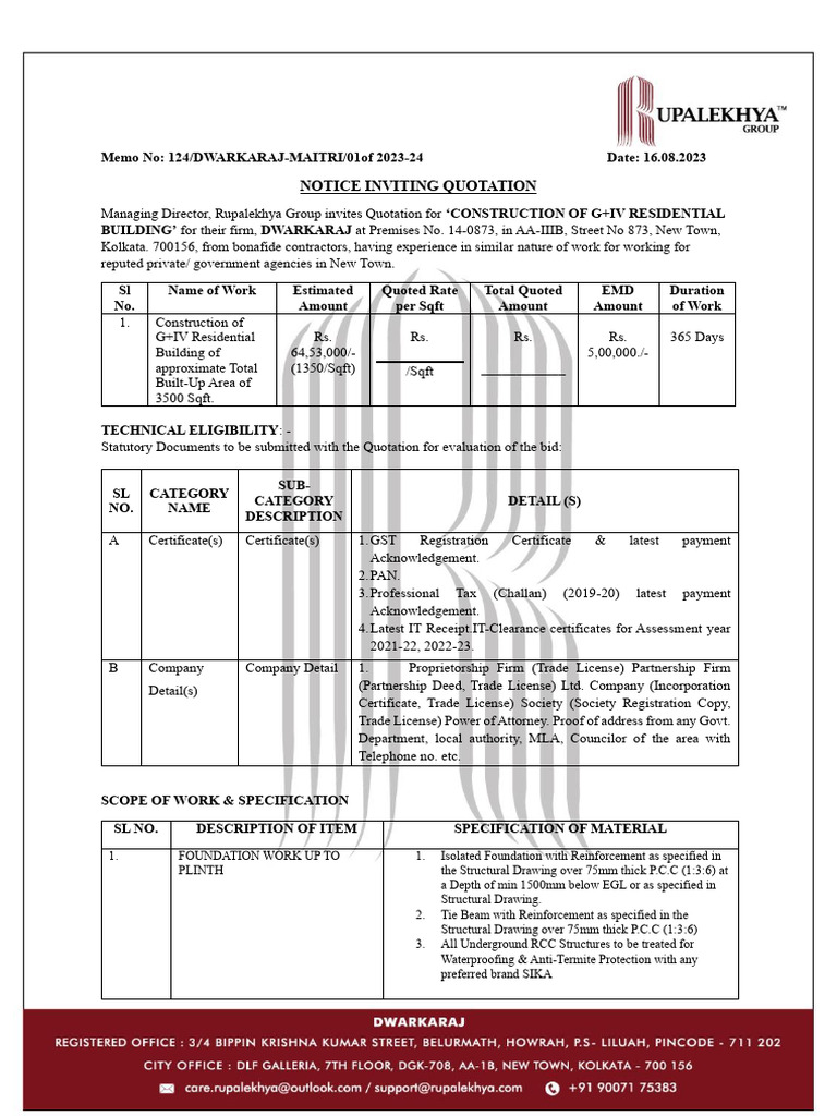 Notice Inviting Quotation | PDF | Employment | Door