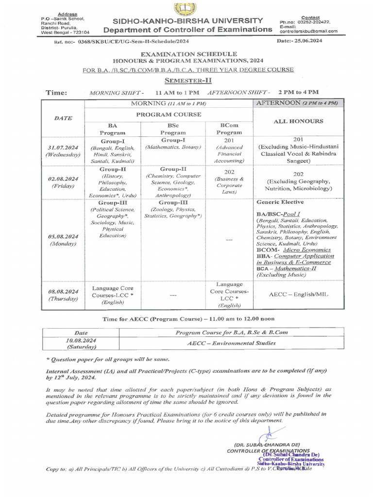 UG Sem-II (CBCS) Examination Schedule-2024 | PDF