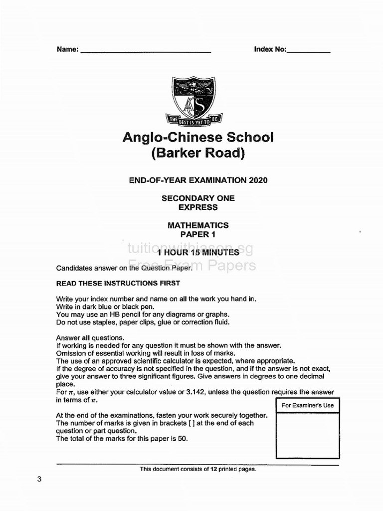 Math - Sec 1 - SA2 - 2020 - Acs Barker - Short Ans | PDF