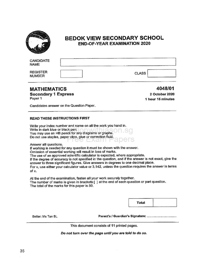 Math - Sec 1 - SA2 - 2020 - Bedok South Sec | PDF