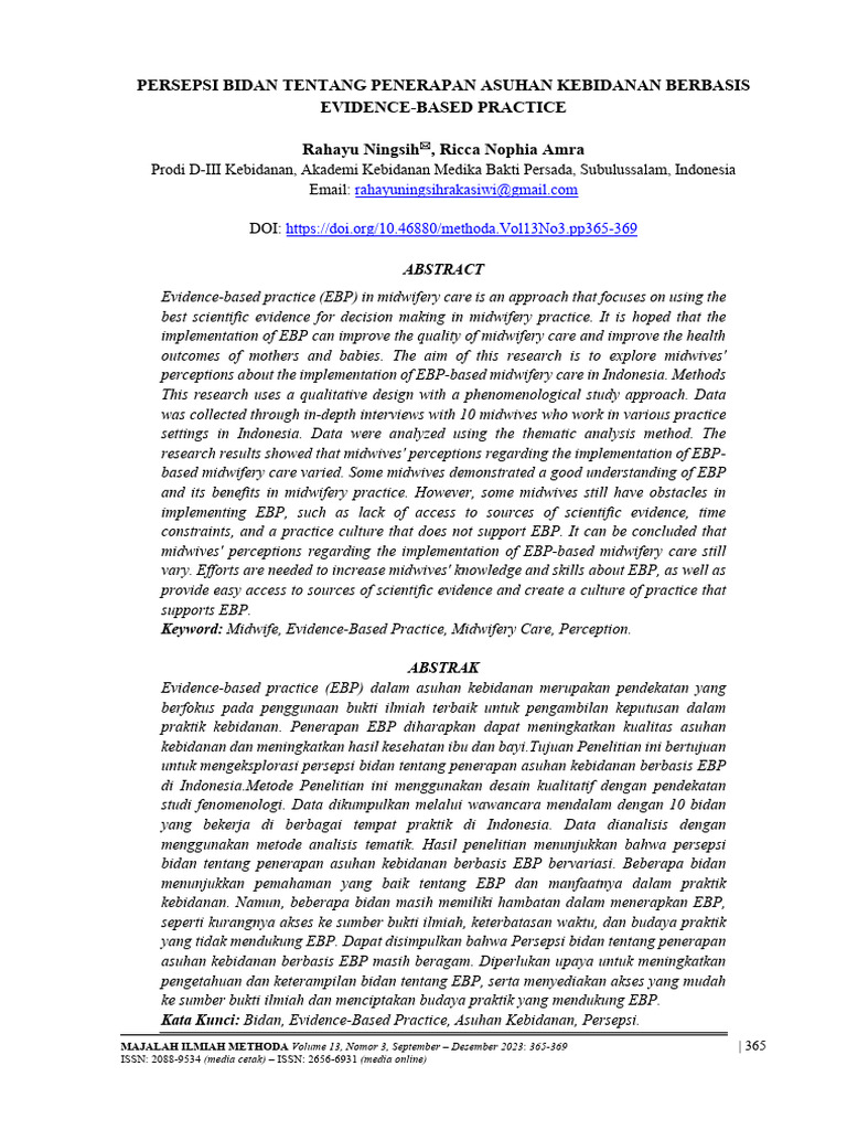 Artikel 21 365 369 Persepsi Bidan Tentang Penerapan Asuhan Kebidanan Berbasis Evidence Based ...