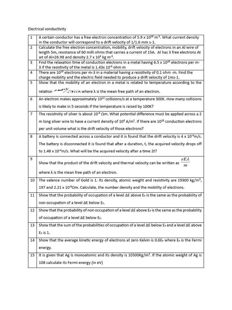 Unit 3 Numericals | PDF | Electrical Resistivity And Conductivity | Electron