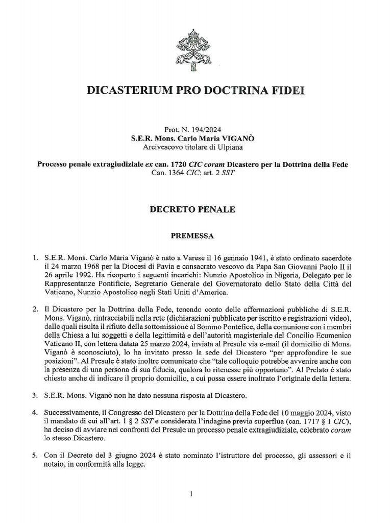 Excommunication Decree of Archbishop Vigano by The DICASTERIUM PRO ...