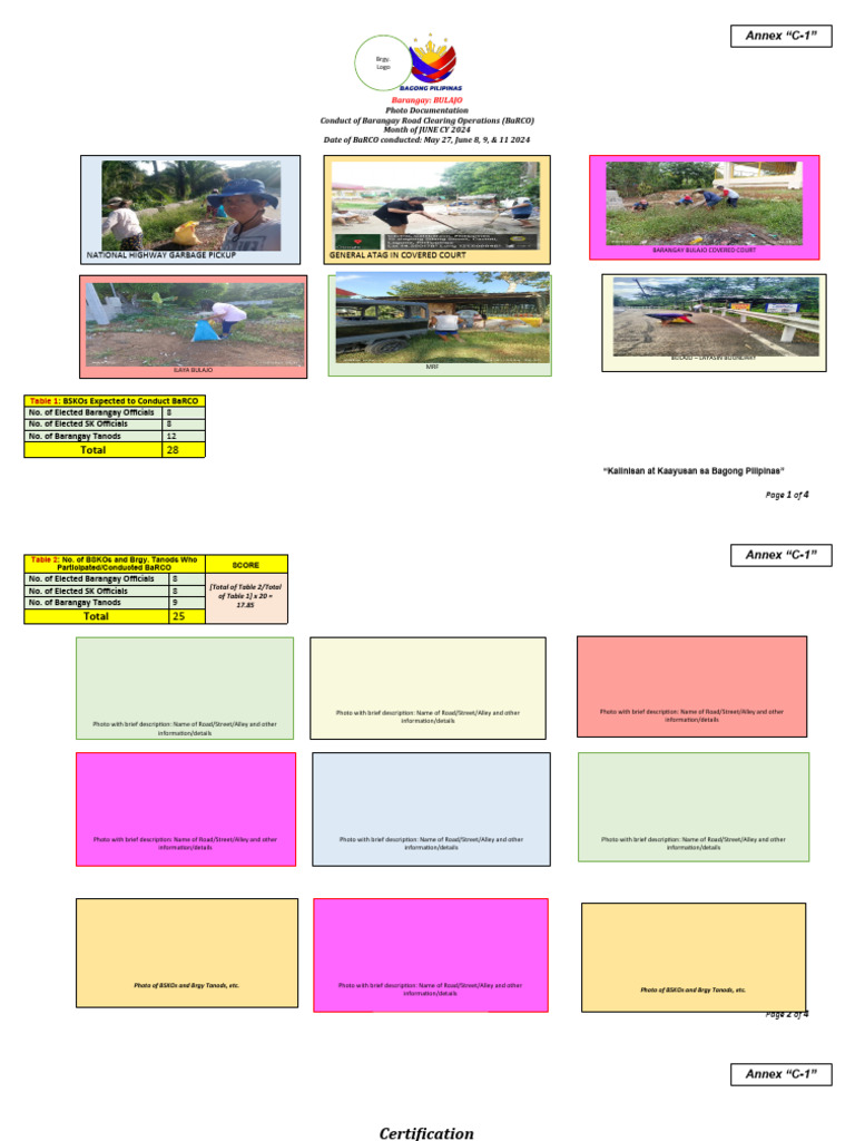 Annex C 1 Photo Documentation Barangay BULAJO BaRCO Monthly Monitoring Report Template With BSKO ...
