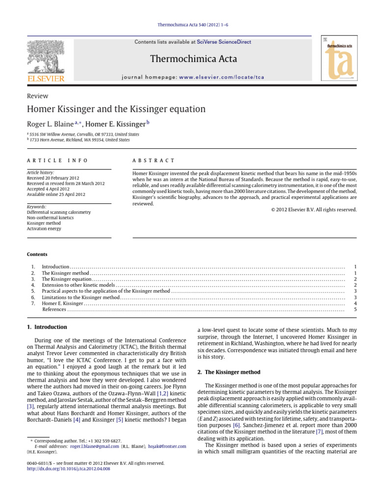Kissinger Method: Kinetics Review | PDF | Thermal Analysis | Heat