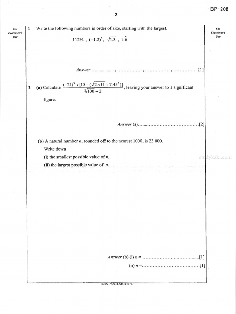 Sec 1 Math Temasek Sec SA1 2017 | PDF | Mathematics