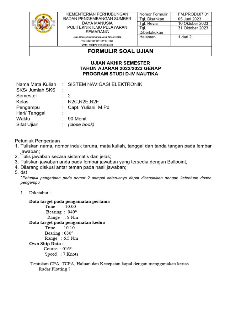 Soal Navigasi Elektronik Praktek N2C, E, F (Yuliani) | PDF
