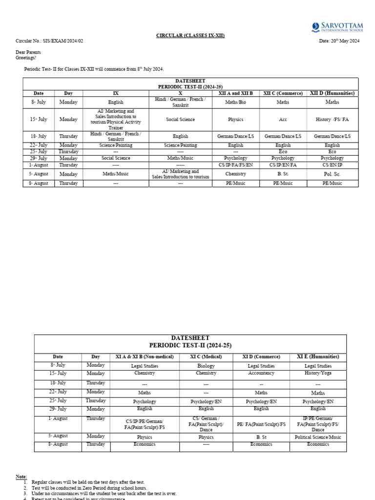 Circular PT-2 Datesheet Classes Ix-Xii | PDF | Science