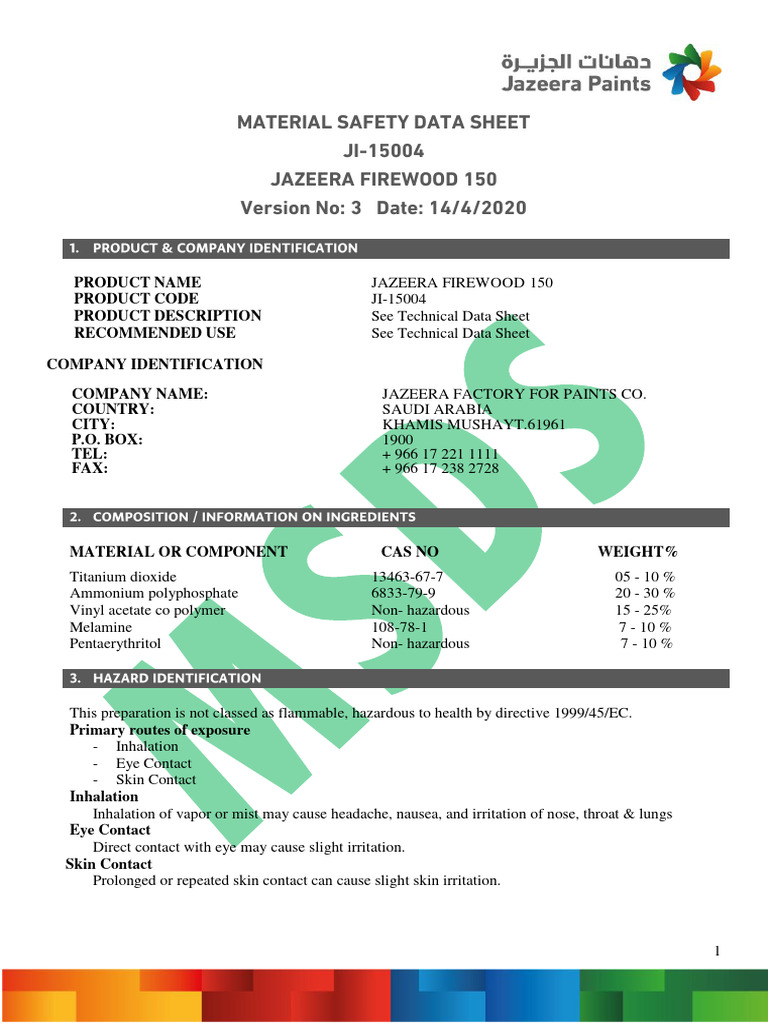 Jazeera Firewood 150 - MSDS | PDF | Personal Protective Equipment | Waste