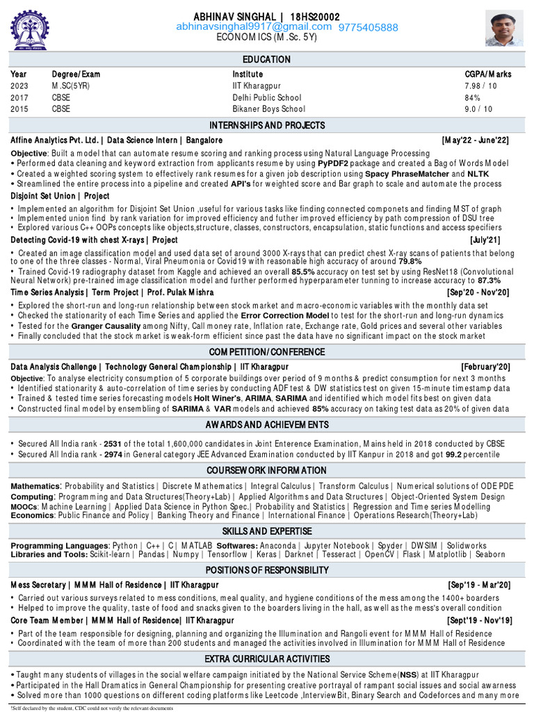 Placement CV | PDF | Time Series | Autoregressive Integrated Moving Average