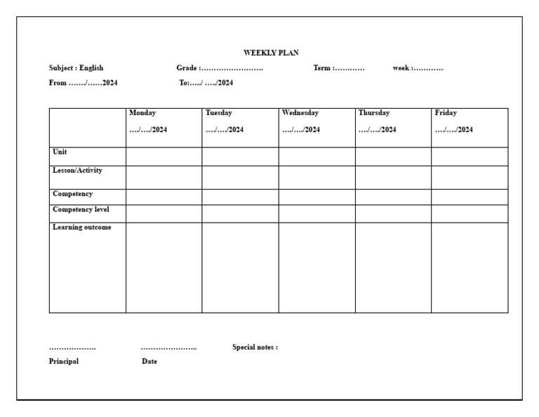 Weekly English Lesson Plan Template | PDF