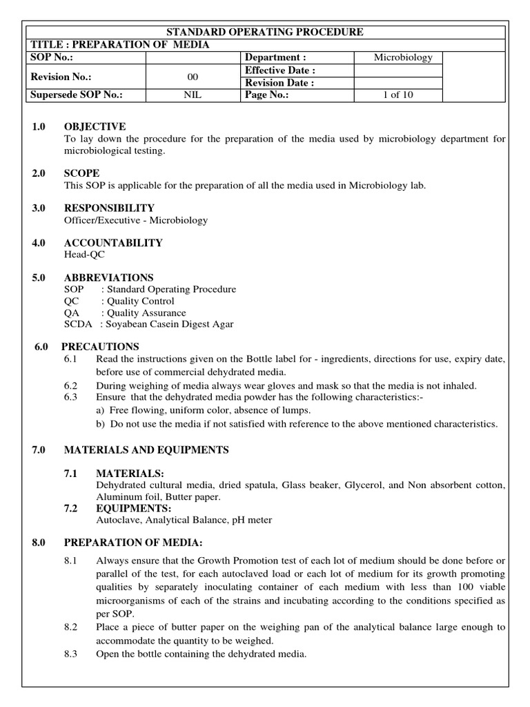 SOP For Preparation of Media | PDF | Agar | Ph