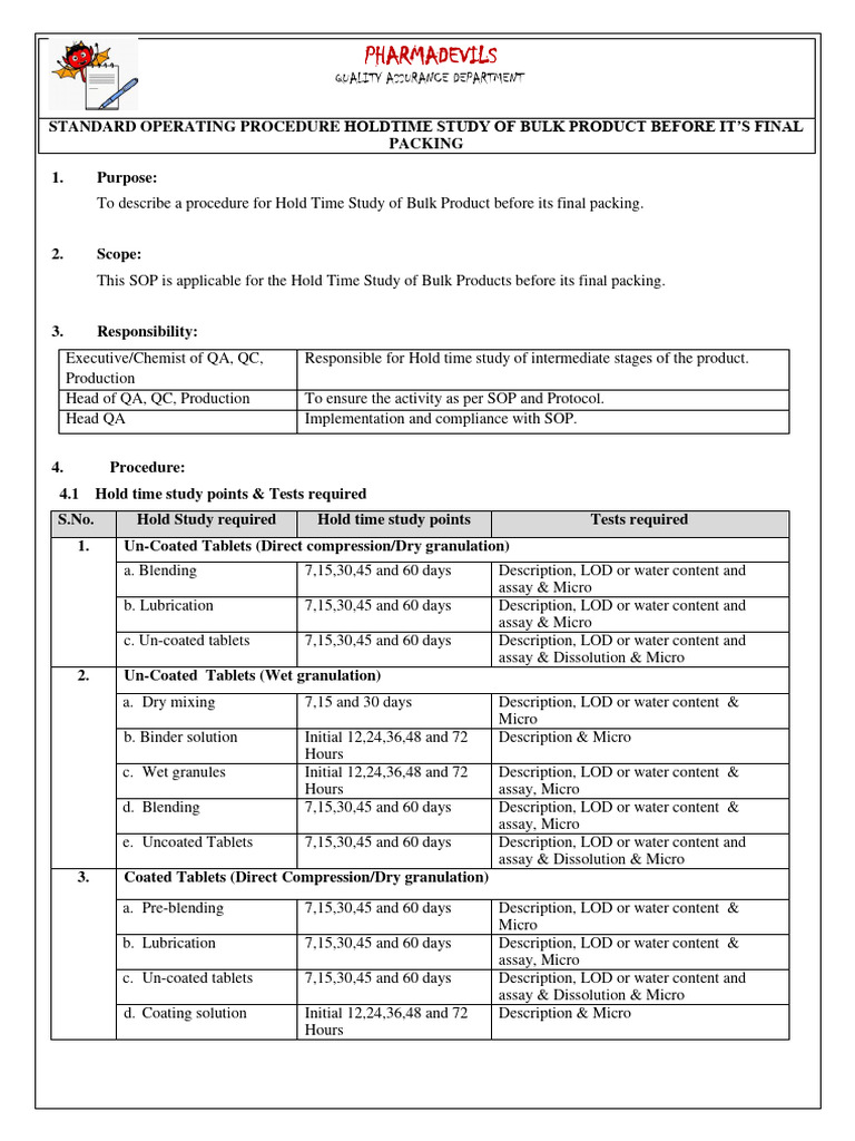 Hold Time Study SOP for Bulk Products | PDF | Tablet (Pharmacy)