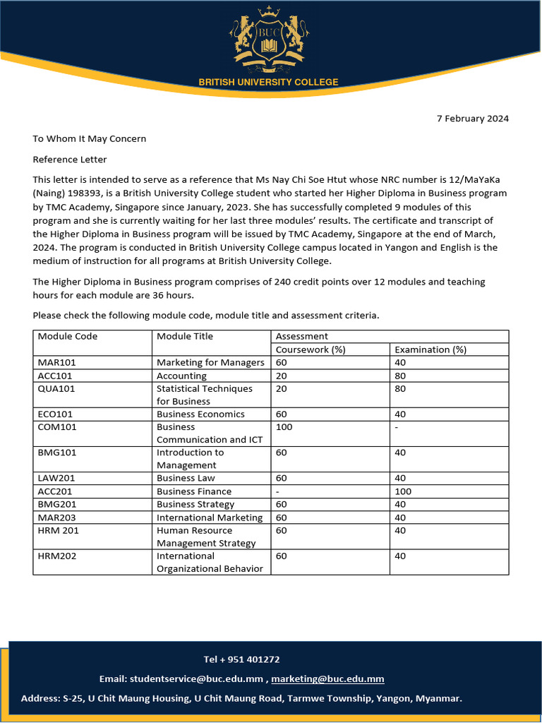 Reference Letter For Nay Chi Soe Htut (To Apply Bachelor Program) | PDF | Business