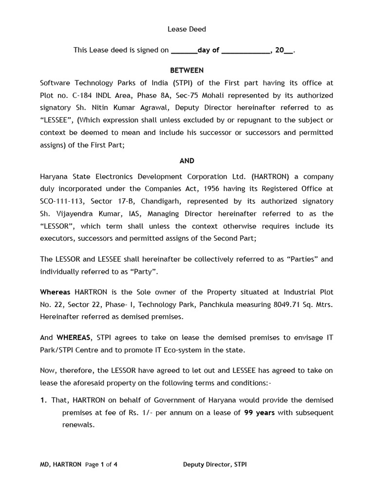Lease Deed STPI AND HARTRON Final Approved by STPI HQ 2 | PDF | Lease ...