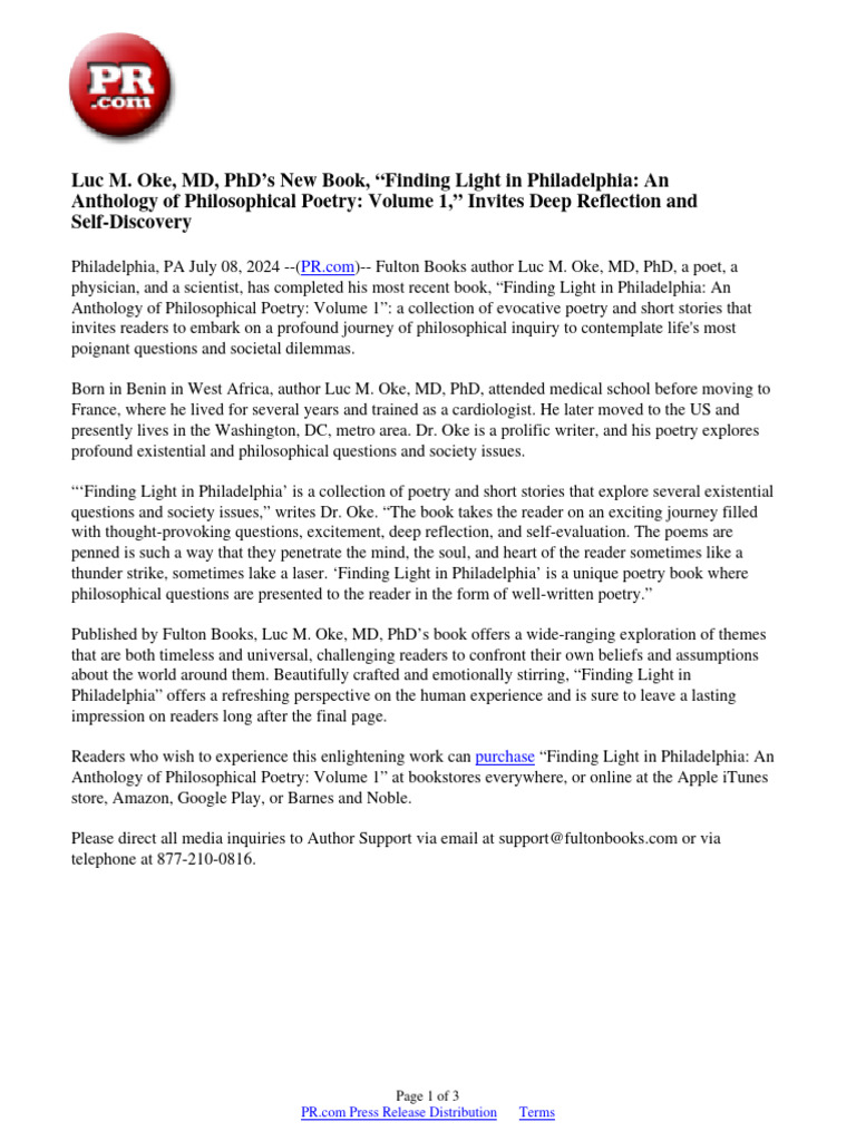 Luc M. Oke, MD, PhD's New Book, "Finding Light in Philadelphia: An ...
