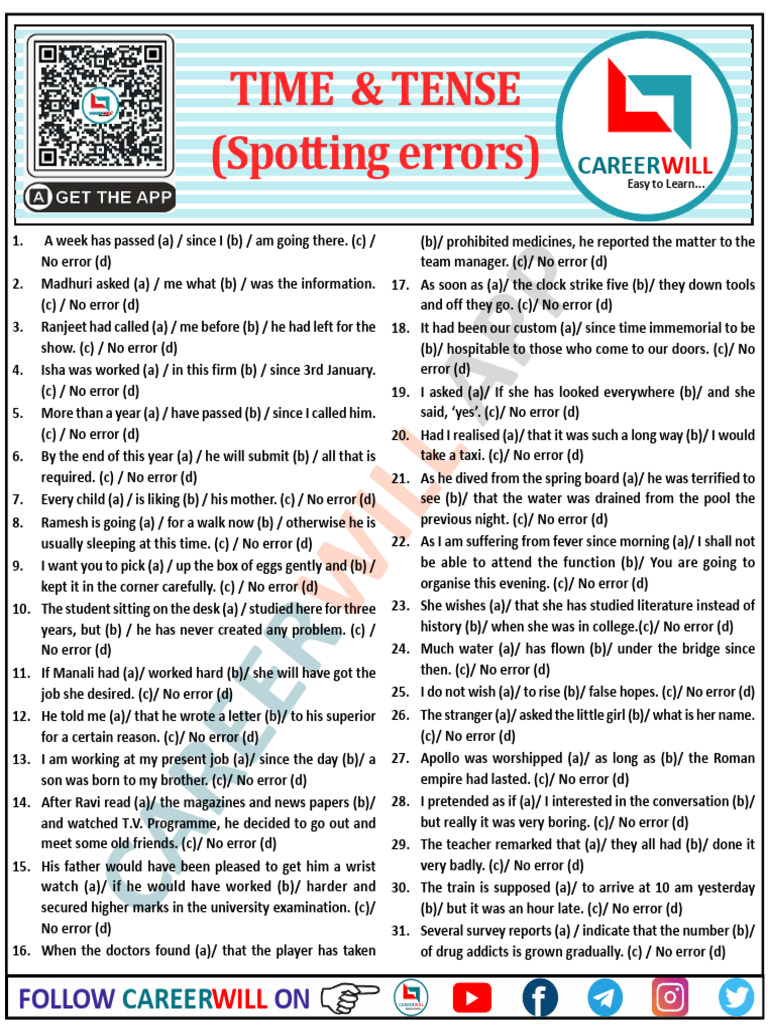 Time & Tense - (Spotting Errors) Level-1 (1-50) | PDF