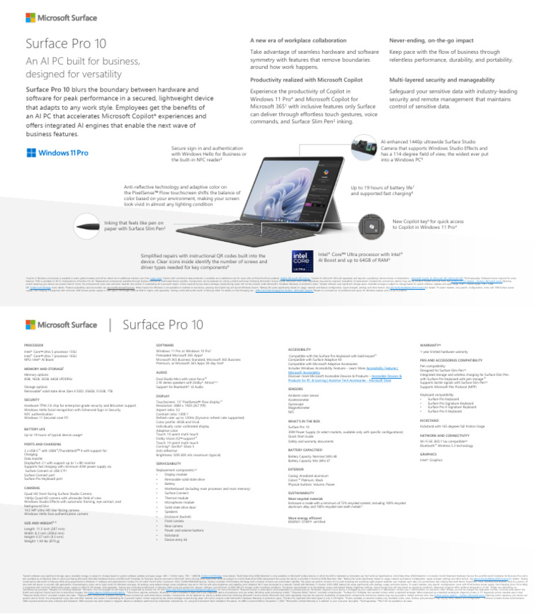 Msft Microsoft Surface Pro 10 Fact Sheet Row Download Free Pdf