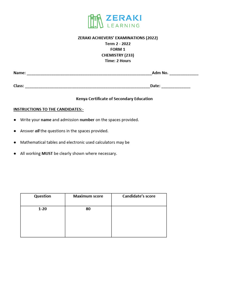 Chemistry - Chemistry Form 1 - Question Paper | Download Free PDF ...
