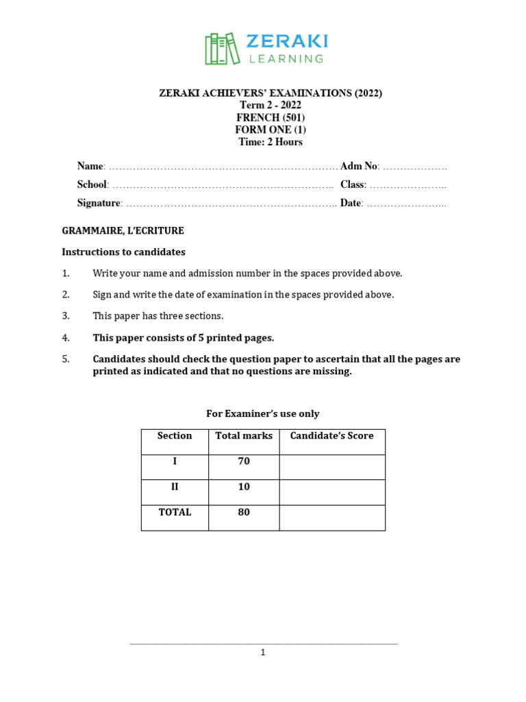 French - French Form 1 - Question Paper | PDF