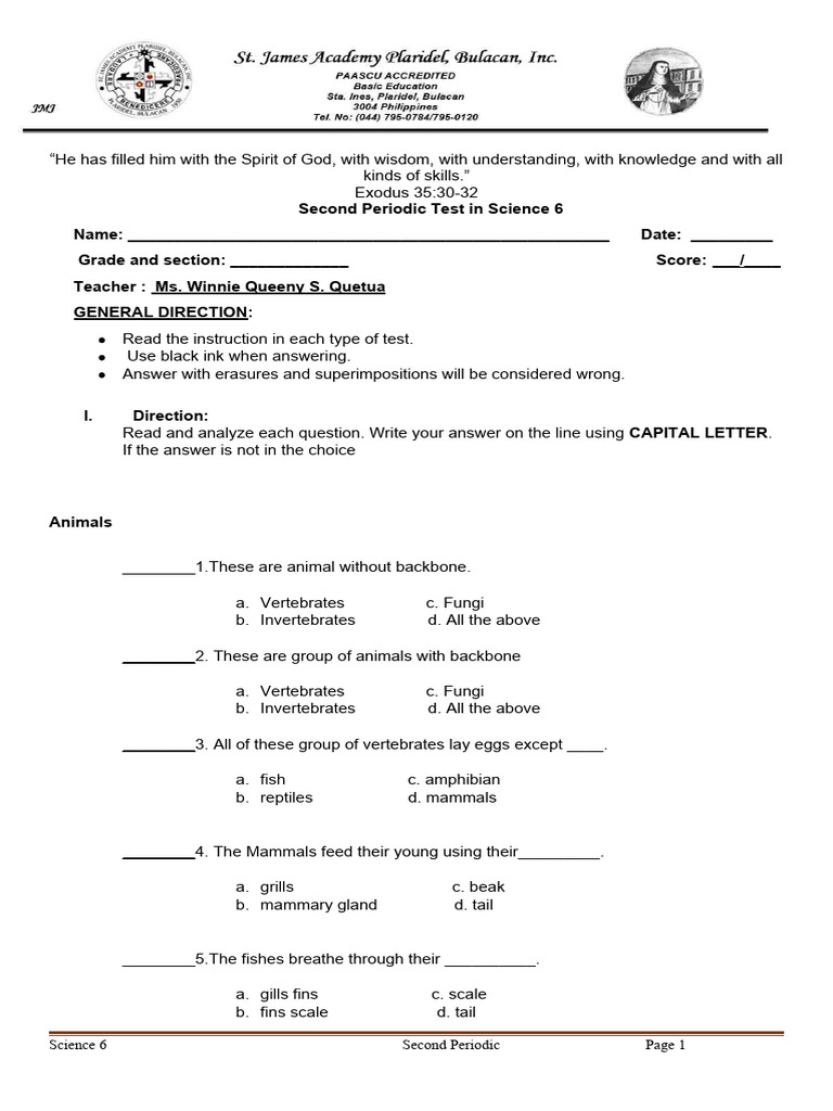 SJA Grade 6 Science 2nd PT N | PDF | Vertebrates | Amphibian