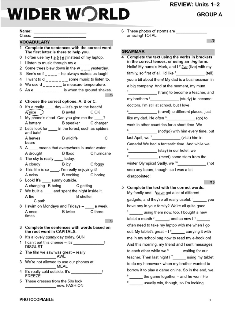 WiderWorld 3 Review VocabGramUoE U 1-2 Group A | PDF