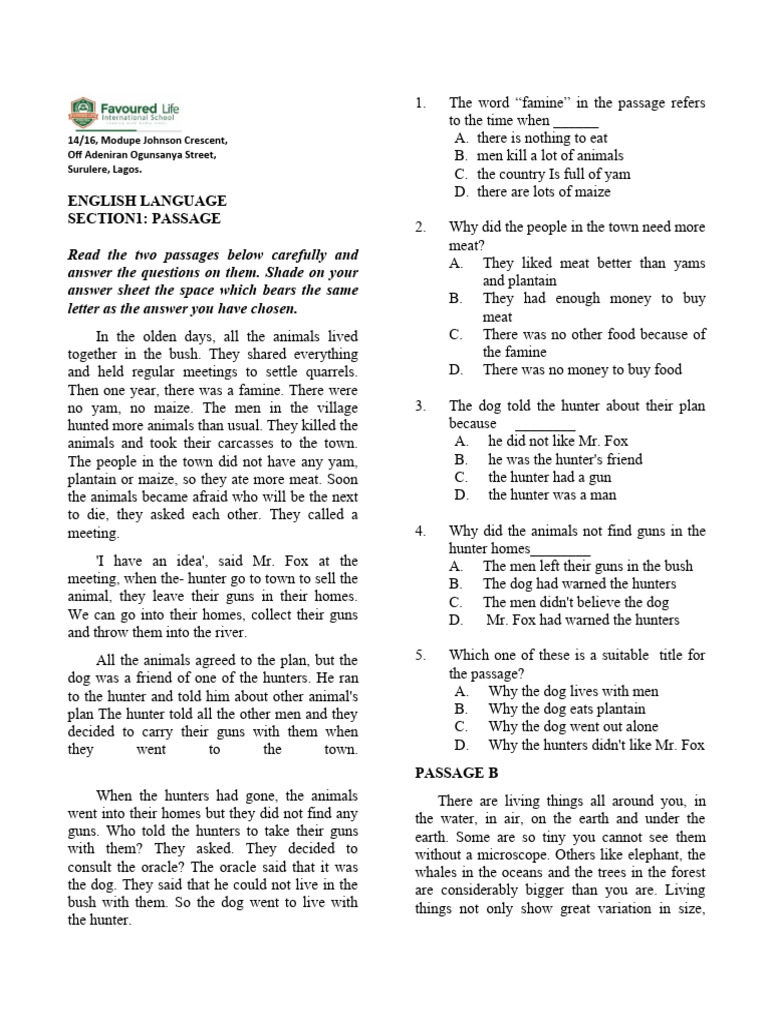 English Common Entrance Practice Test | PDF | Nigeria | Hunting