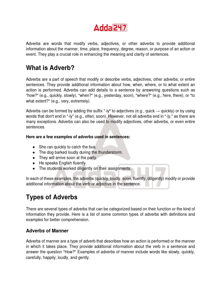 Adverbs Definition Types Usage and Examples | PDF | Adverb | Verb