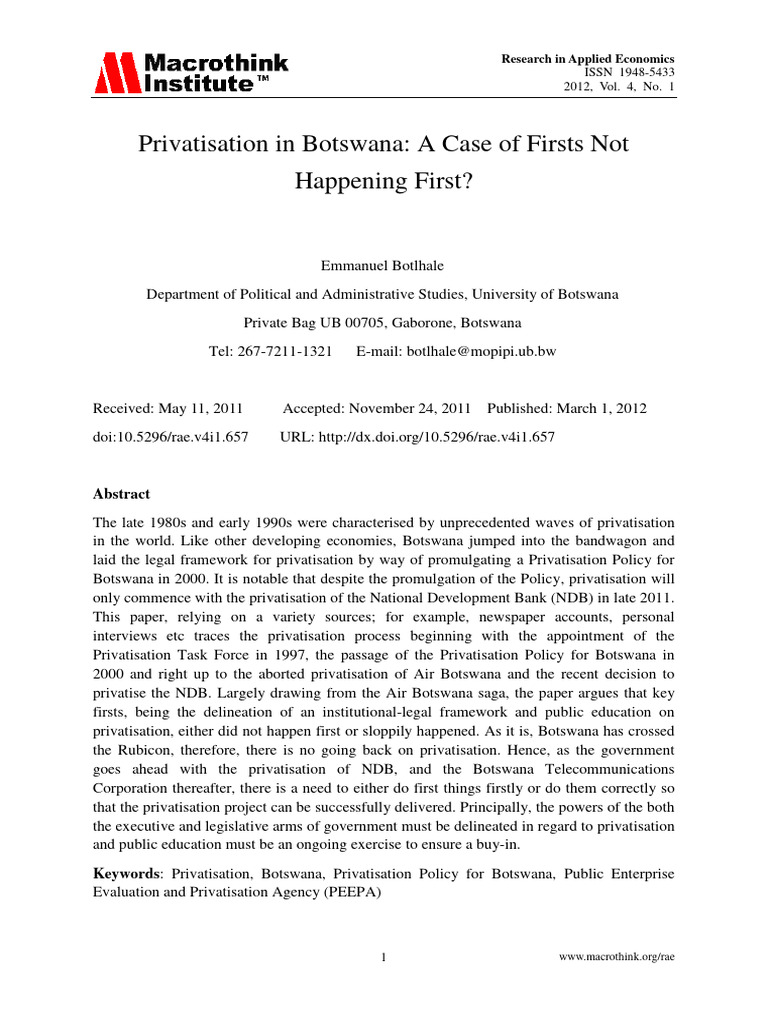 Privatisation in Botswana: A Case of Firsts Not Happening First? | PDF | Privatization | State ...