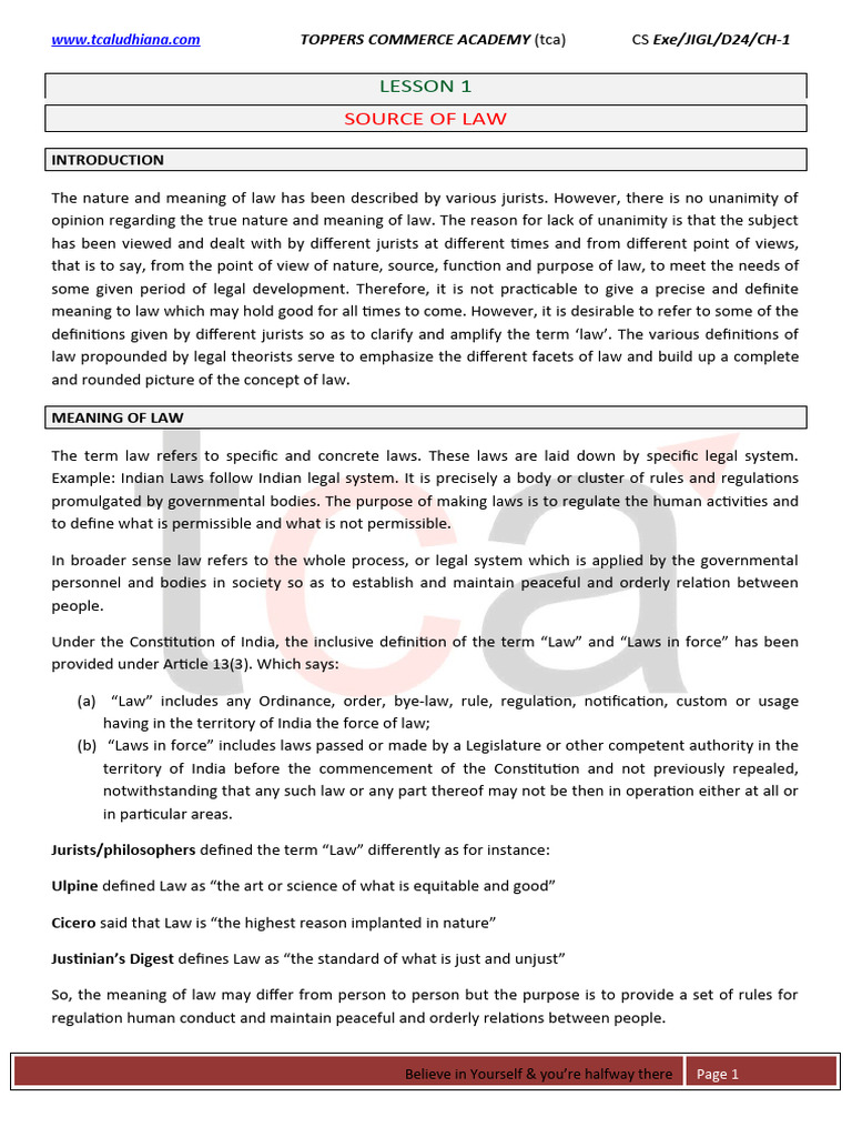 LESSON 1 - Sources of Law | PDF | Jurisprudence | Natural Law