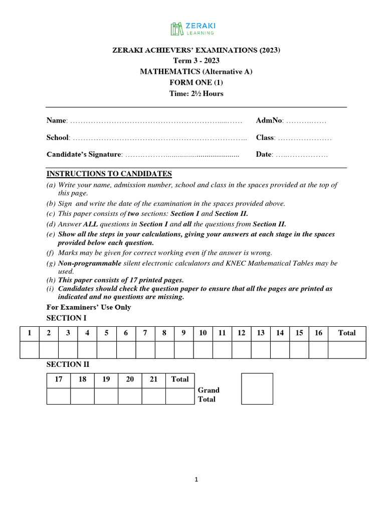Mathematics - Mathematics Form 1 - Question Paper | PDF | Area | Pound ...