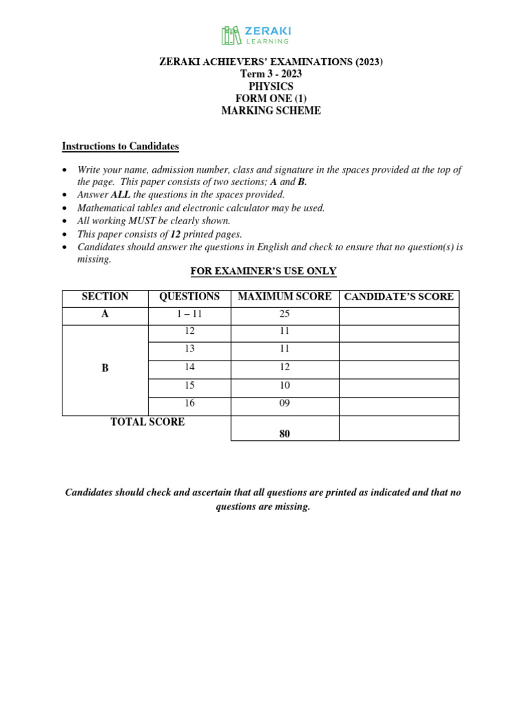 Physics - Physics Form 1 - Marking Scheme | PDF | Pressure | Liquids