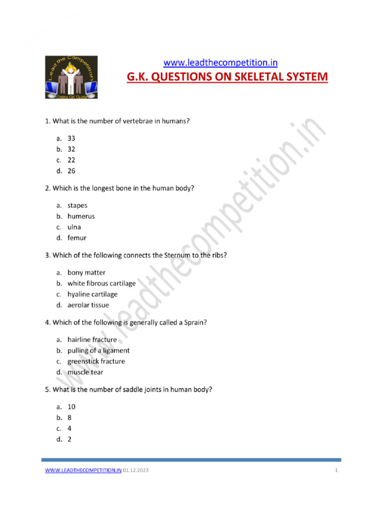 GK Questions On Skeletal System | PDF