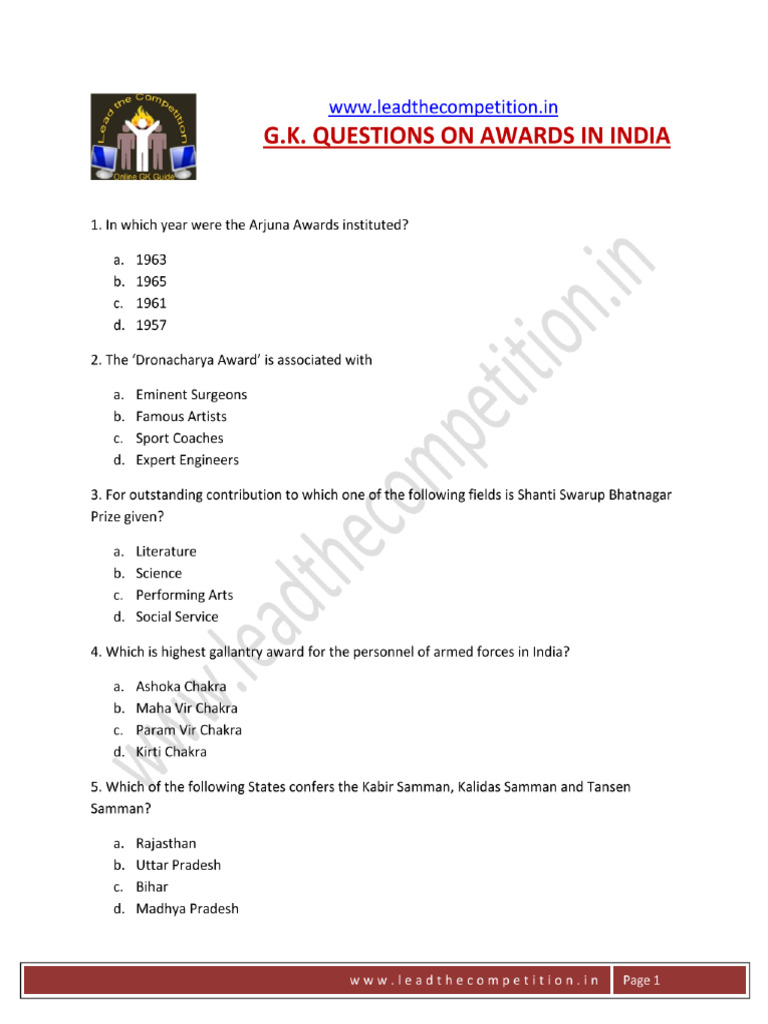 GK Questions On Awards India | PDF