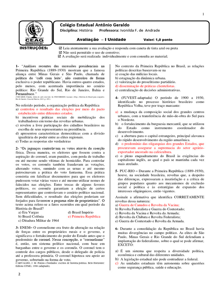 Aval Parc Obj HIST 3 Ano Unidade I GABARITO | PDF | Brasil | República