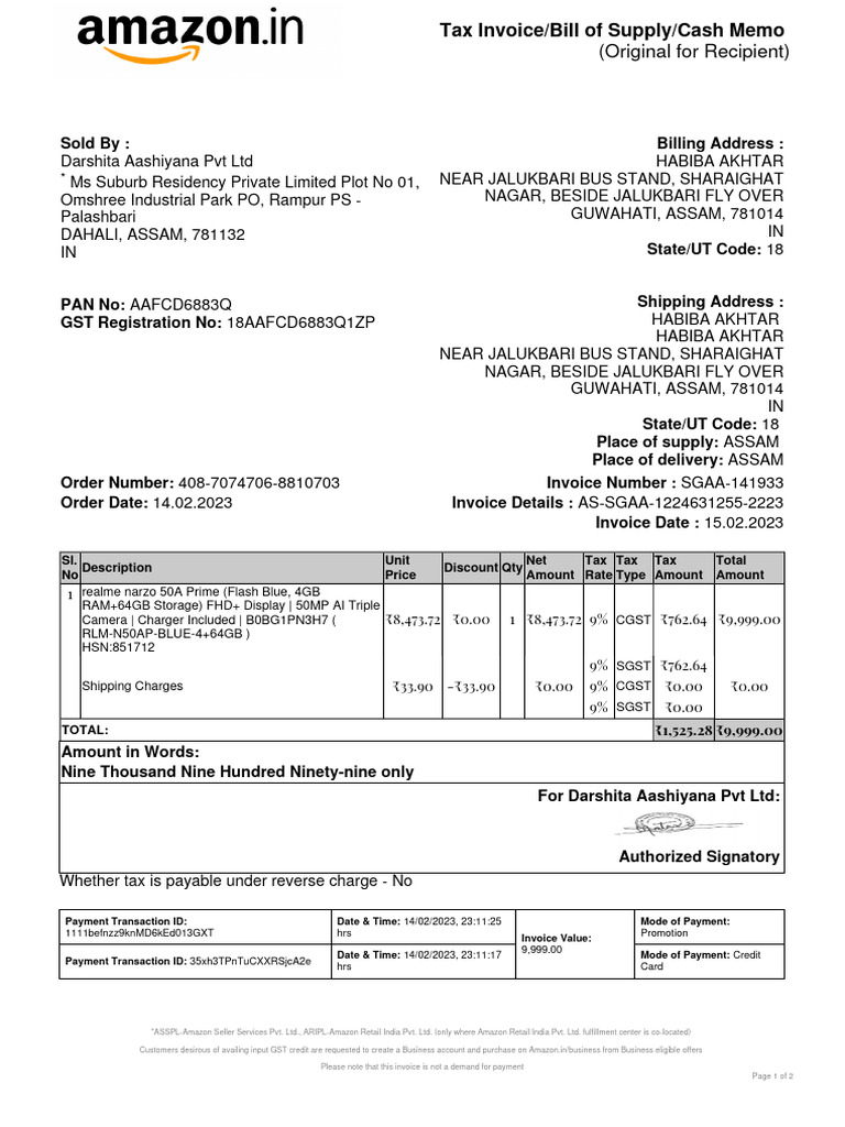 Realme Narzo 50A Prime Blue 4 GB 64 GB | PDF | Invoice | Trade