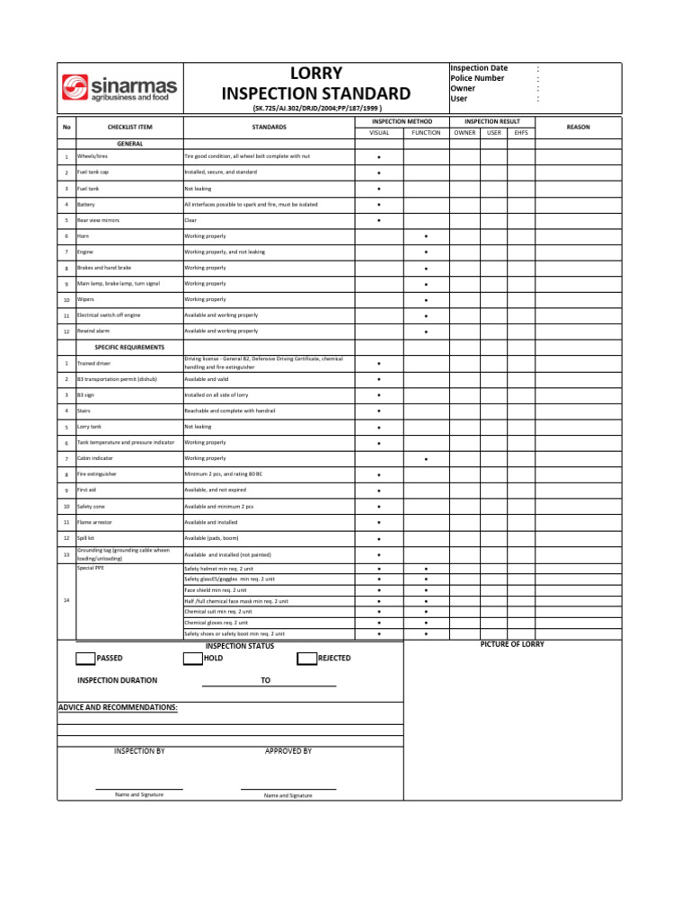 Lorry Safety Inspection Checklist | PDF | Truck | Motor Vehicle