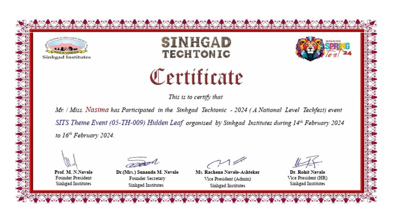 Nasima Certificate | PDF