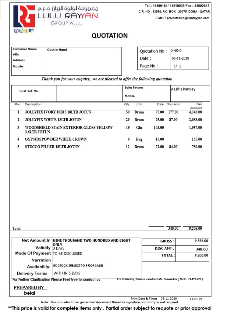 Quotation: Belal This Price Is Valid For Complete Items Only - Partial ...